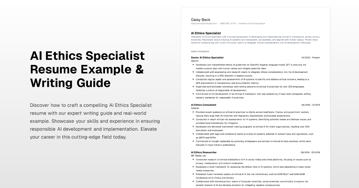 AI Ethics Specialist Resume Example & Writing Guide
