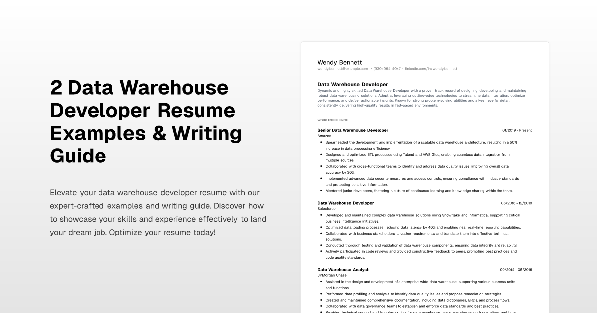2 Data Warehouse Developer Resume Examples & Writing Guide 2 Data Warehouse Developer Resume Examples & Writing Guide